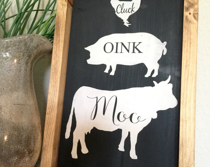 Farmhouse Animal Sign - Cluck Oink Moo Wall Hanging - Black Framed Wood ...