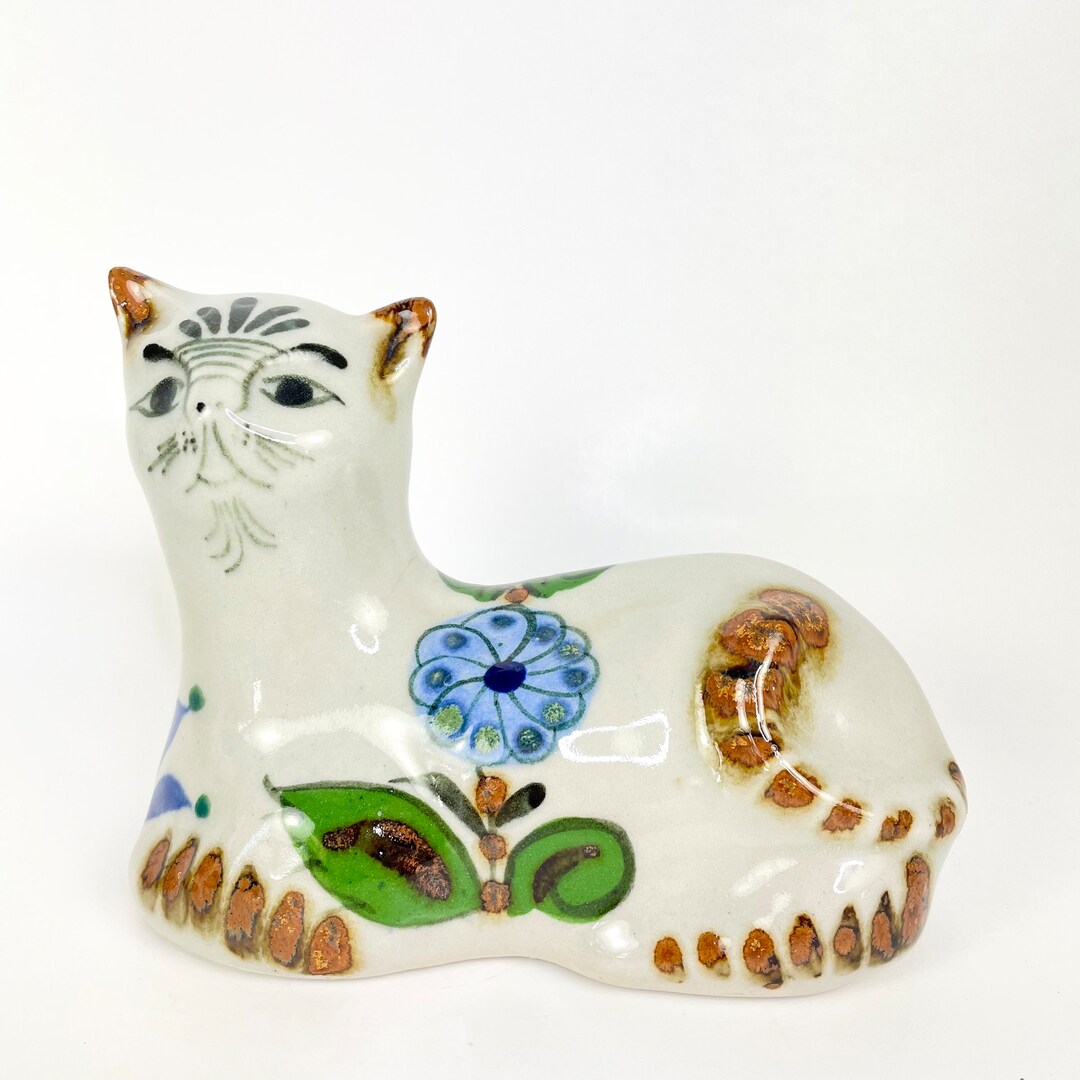 Vintage Tonala Mexican Ceramic Pottery Cat Figurine Signed Reyna Hand ...