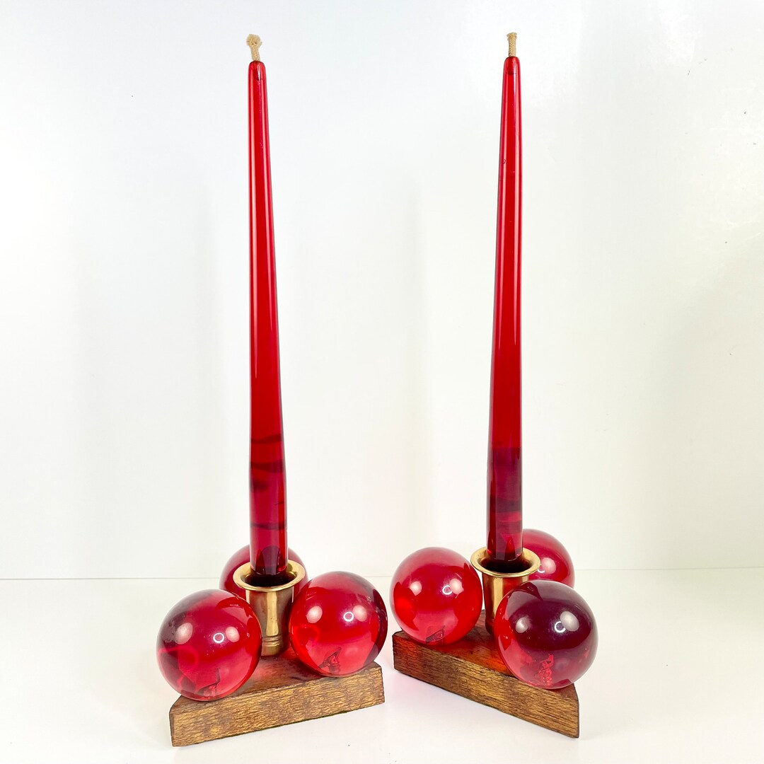 2 Mid Century Modern Red Lucite Orb Ball Candle Holders & Candles Mcm ...