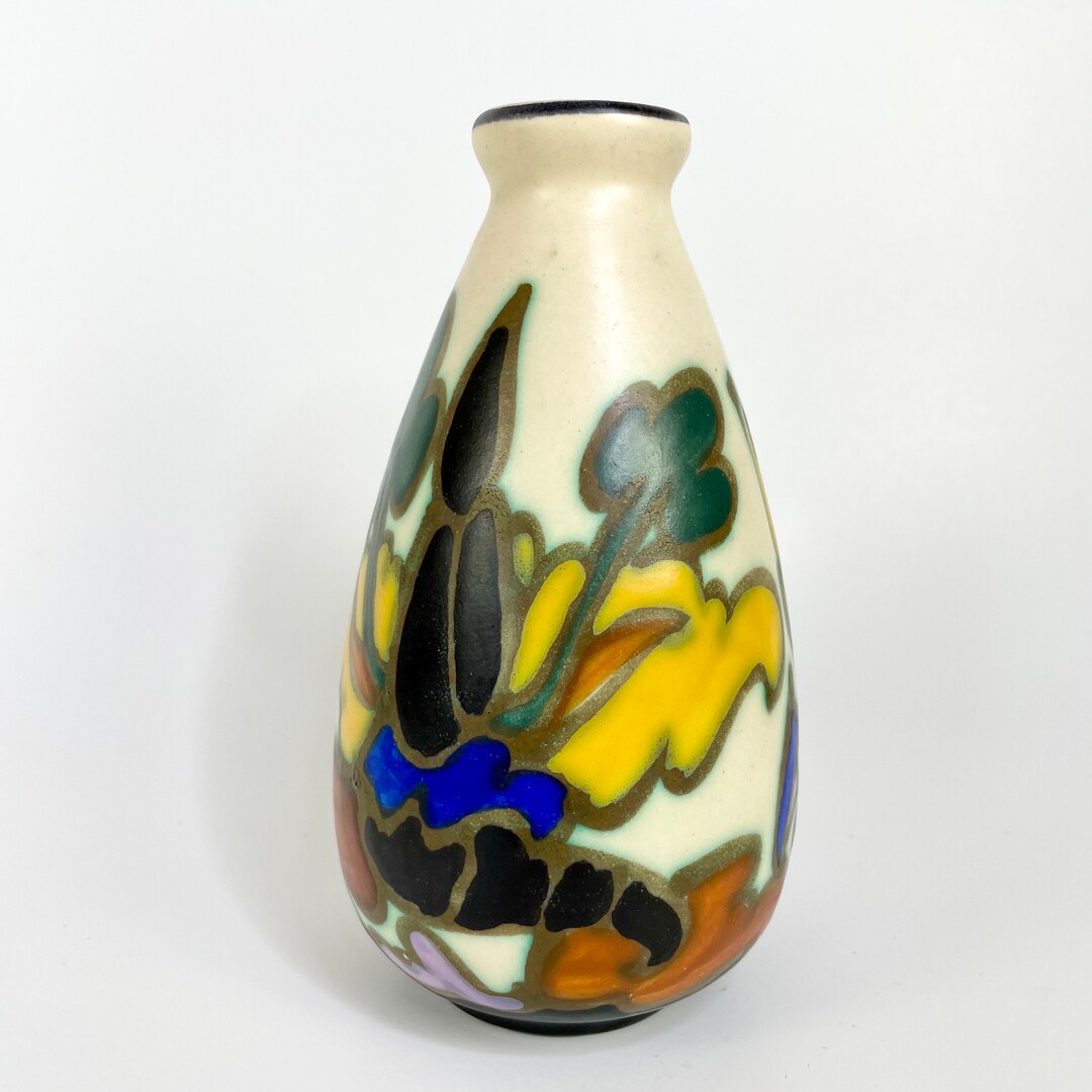 Vintage Art Deco Pottery Ceramic Vase Belgium Matte Black Floral Gouda ...