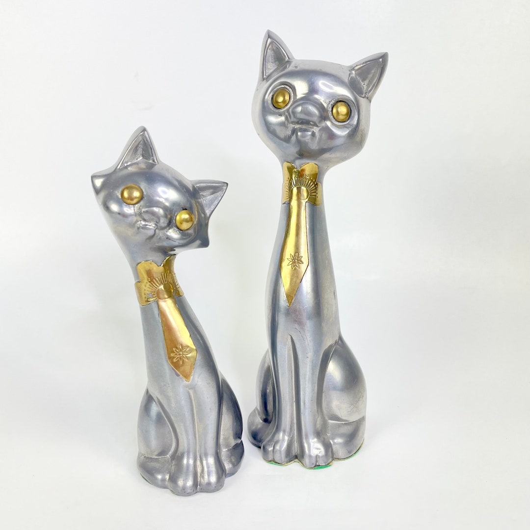 Mid Century Retro Pewter & Brass Metal Cat Figurines / Statues MCM ...