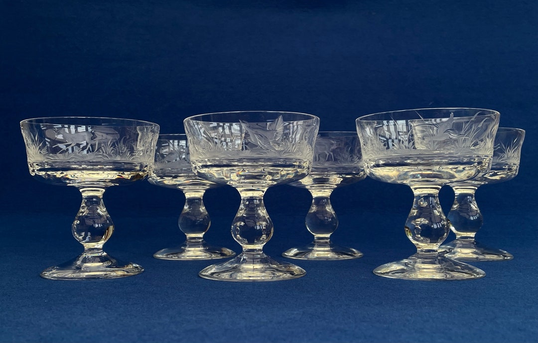 Six Vintage Crystal Hand Engraved Sundae Glasses - Various Wildlife ...