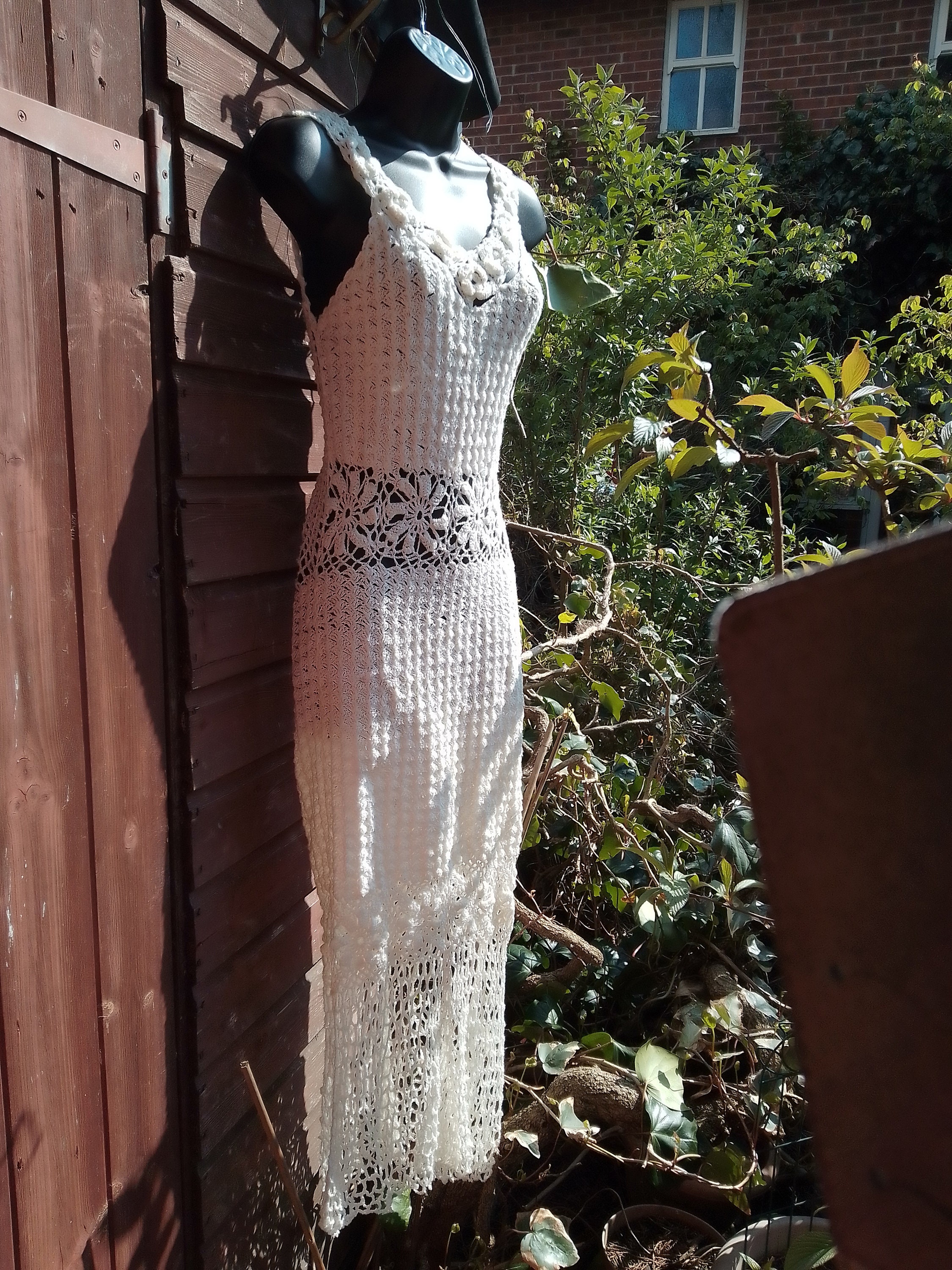 Scoop Back Crochet Dress Long Cotton Cream Mesh Lace Handmade Floral ...