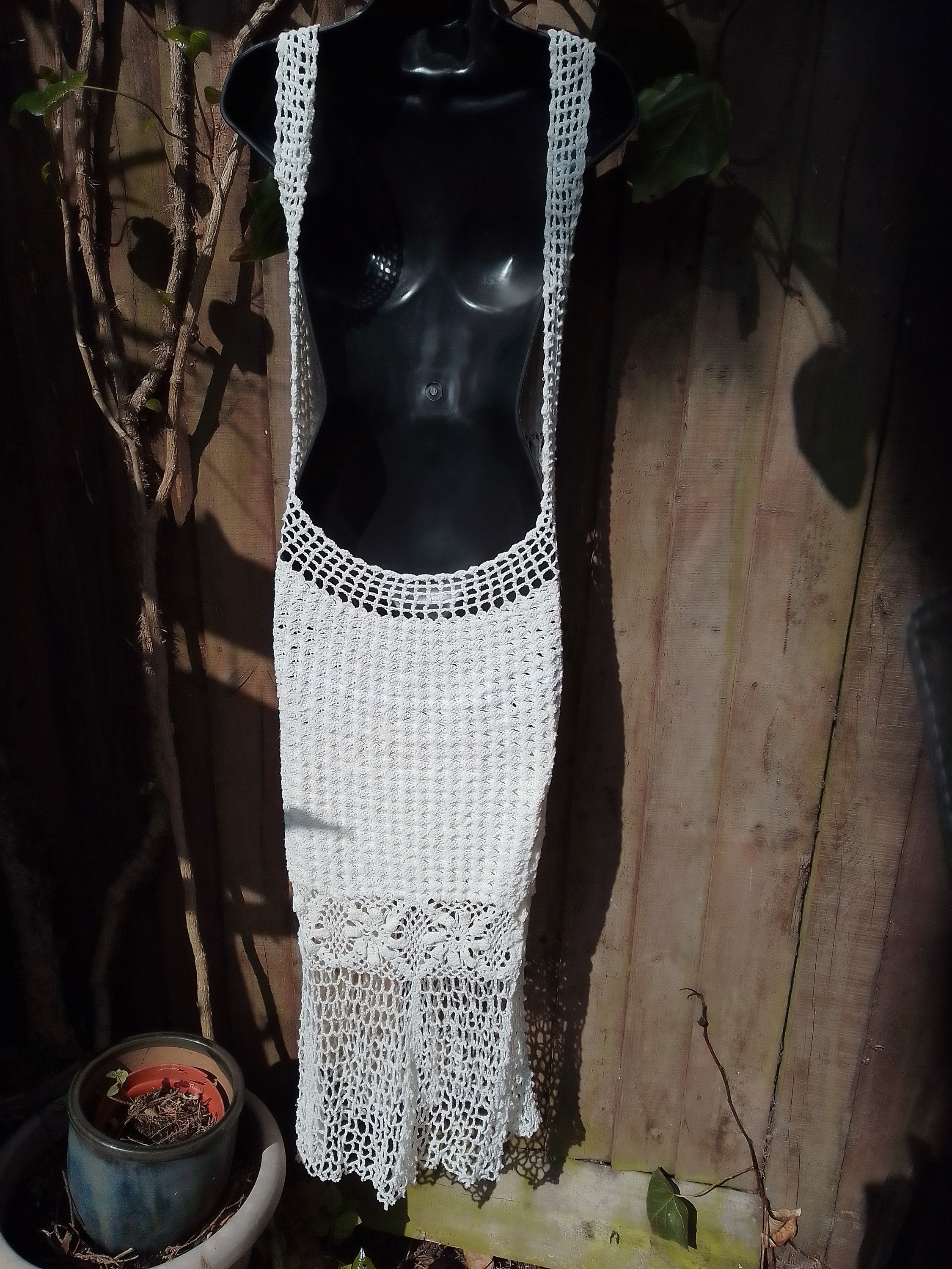 Scoop Back Crochet Dress Long Cotton Cream Mesh Lace Handmade Floral ...