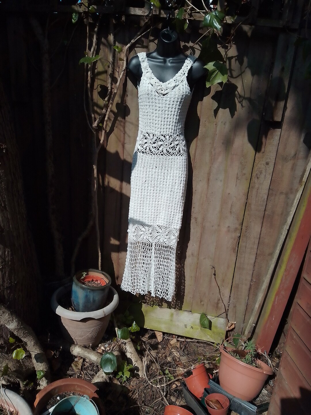 Scoop Back Crochet Dress Long Cotton Cream Mesh Lace Handmade Floral ...