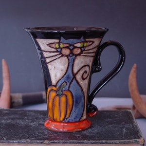 Cute Cat Pumpkin & Bats Halloween Mug Handmade 13oz Ceramic Cup Funny ...