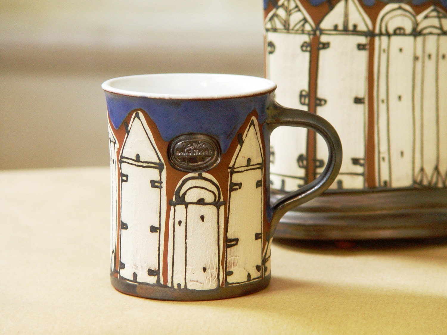 Blue Coffee Mug, Pottery Mug with Hand Painted Buildings, Hand Thrown ...