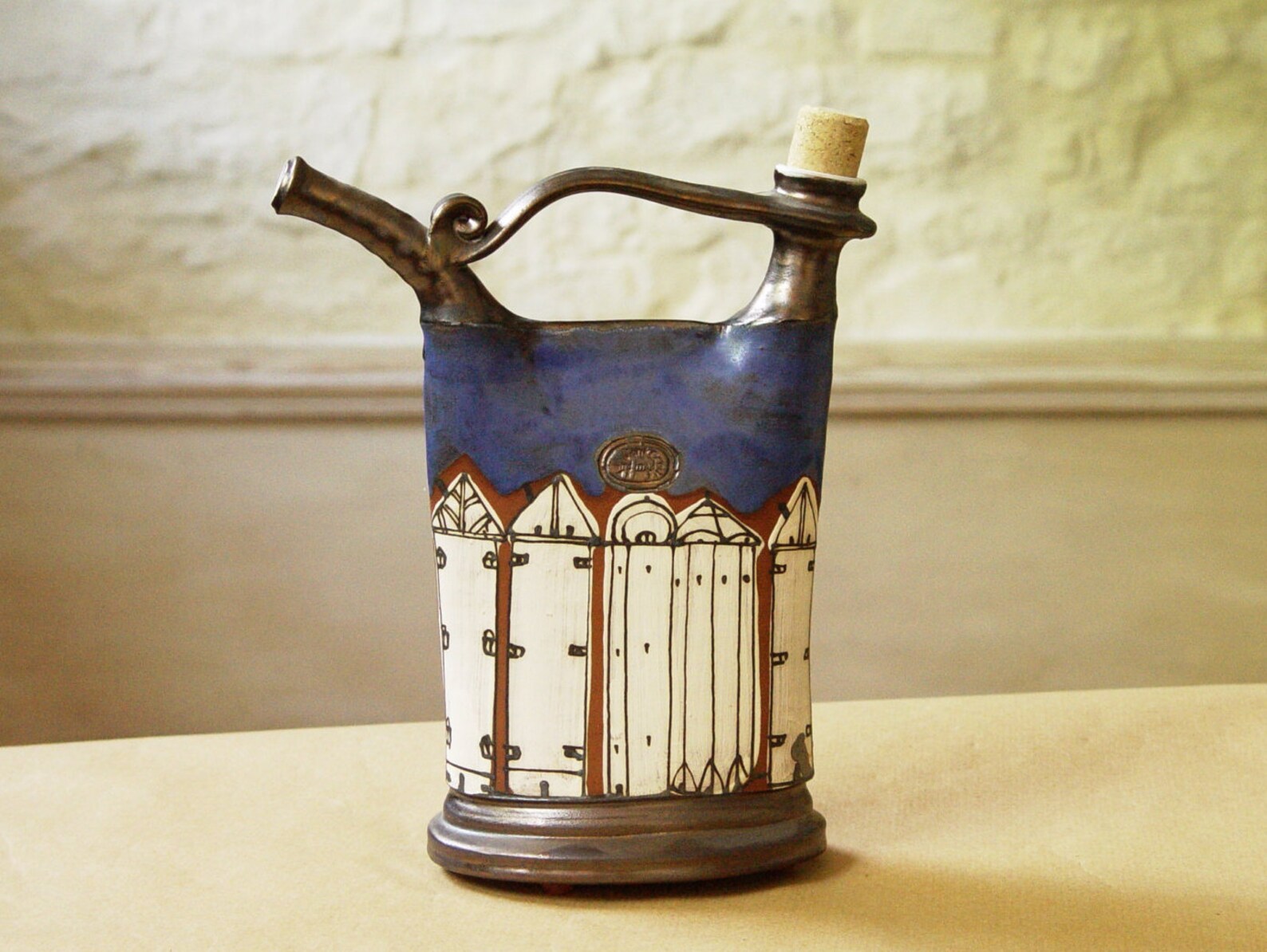 Unique Blue Ceramic Pitcher With Hand Painted Buildings. - Etsy