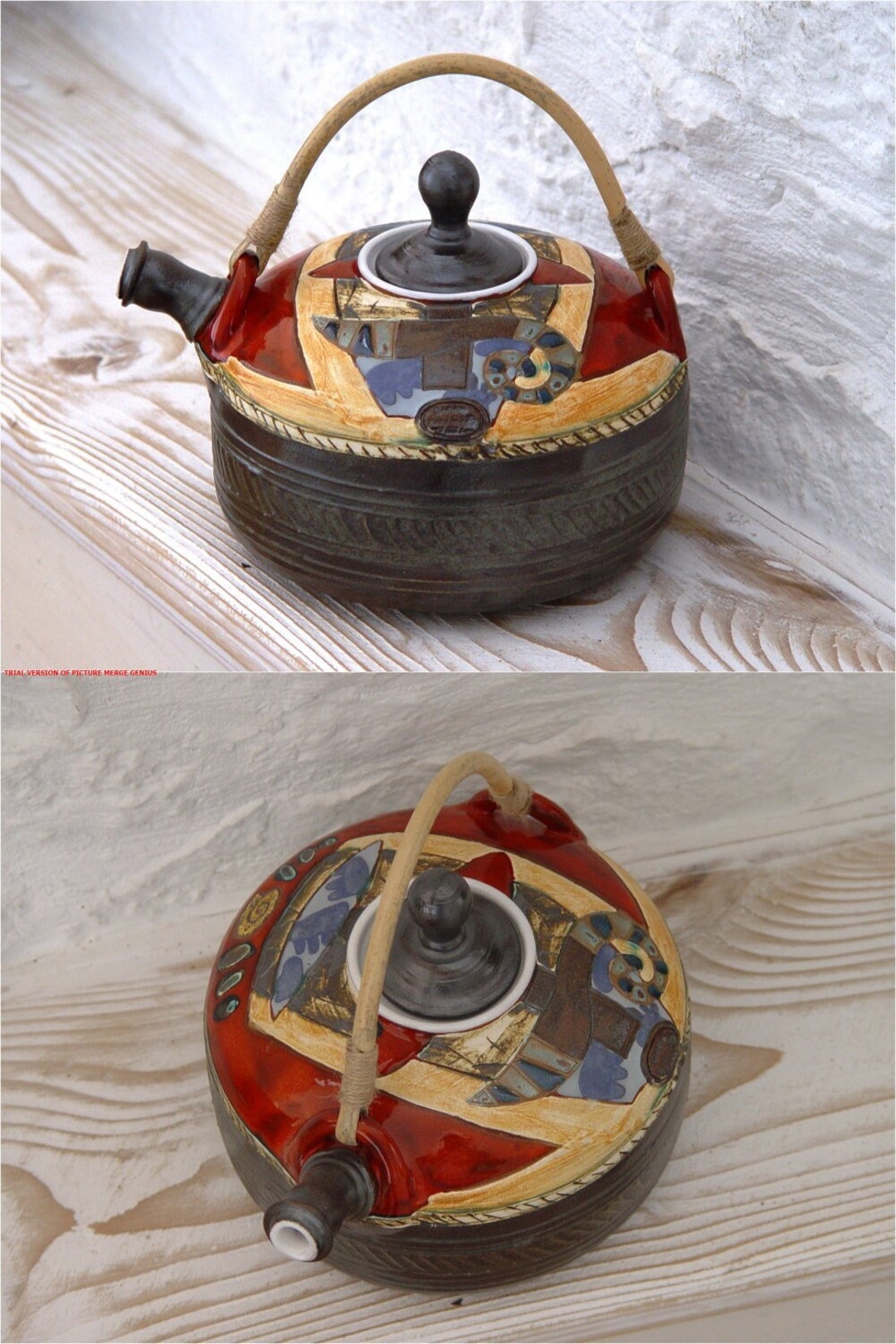 Hand Painted Colorful Pottery Teapot With Wicker Handle Functional and ...