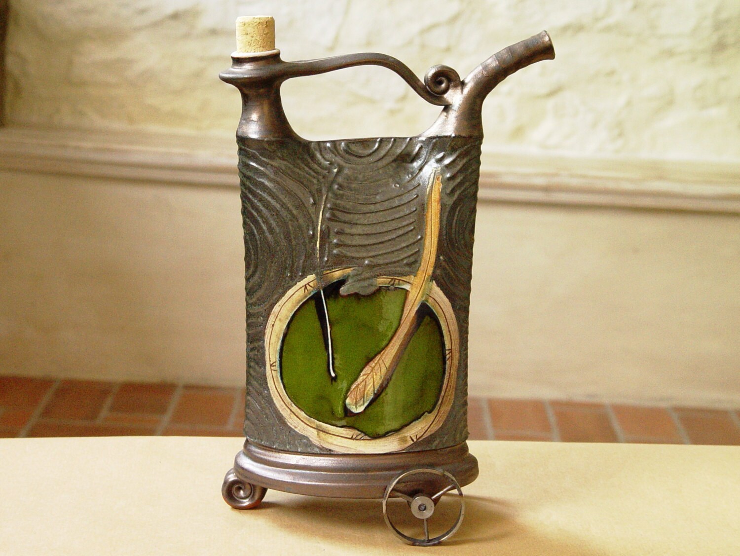 Decorative Ceramic Vessel With Iron Elements Rustic Home Decor Green