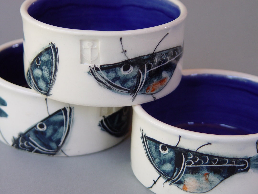 Handpainted Stoneware Bowl Unique Fish Dish Ceramic Serving Danko Blue ...