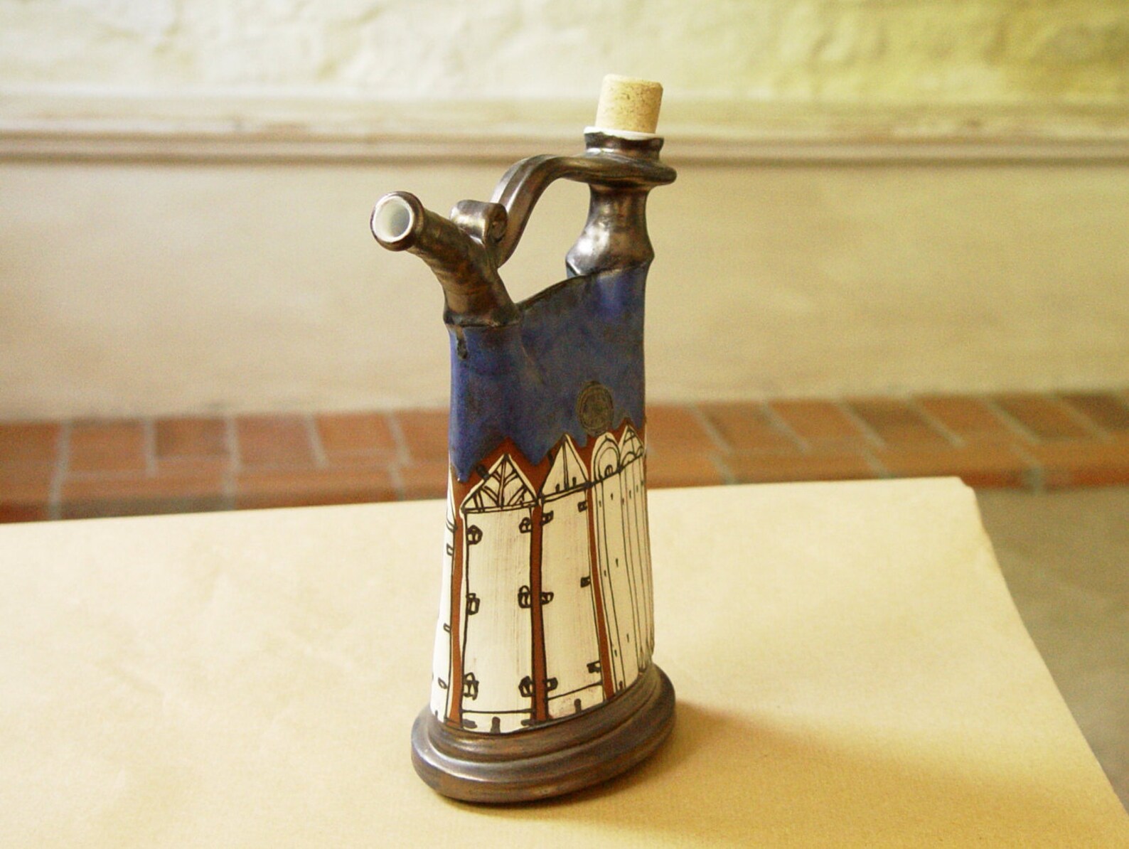 Unique Blue Ceramic Pitcher With Hand Painted Buildings. - Etsy