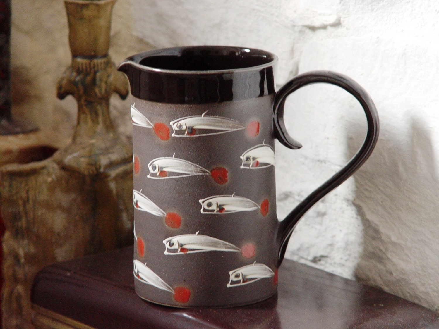 Stoneware Pitcher with Hand Painted Fish, Gift for the Fisherman ...