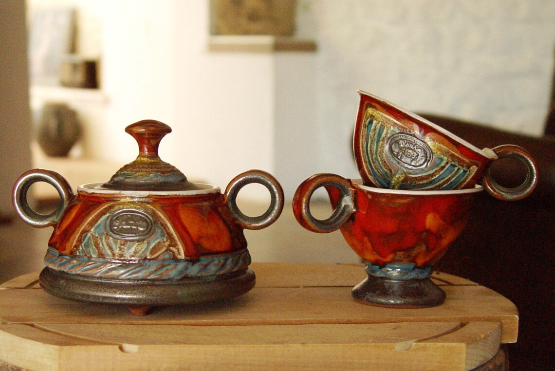 Pottery Coffee Set Sugar Bowl and Two Cups Ceramic Sugar | Etsy