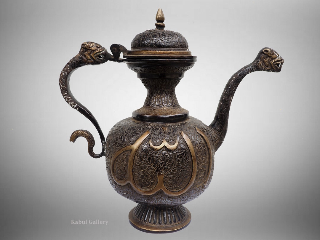 Heavy Islamic Bronze Can Jar Ewer Teapot Vintage Etched Brass Coffee ...