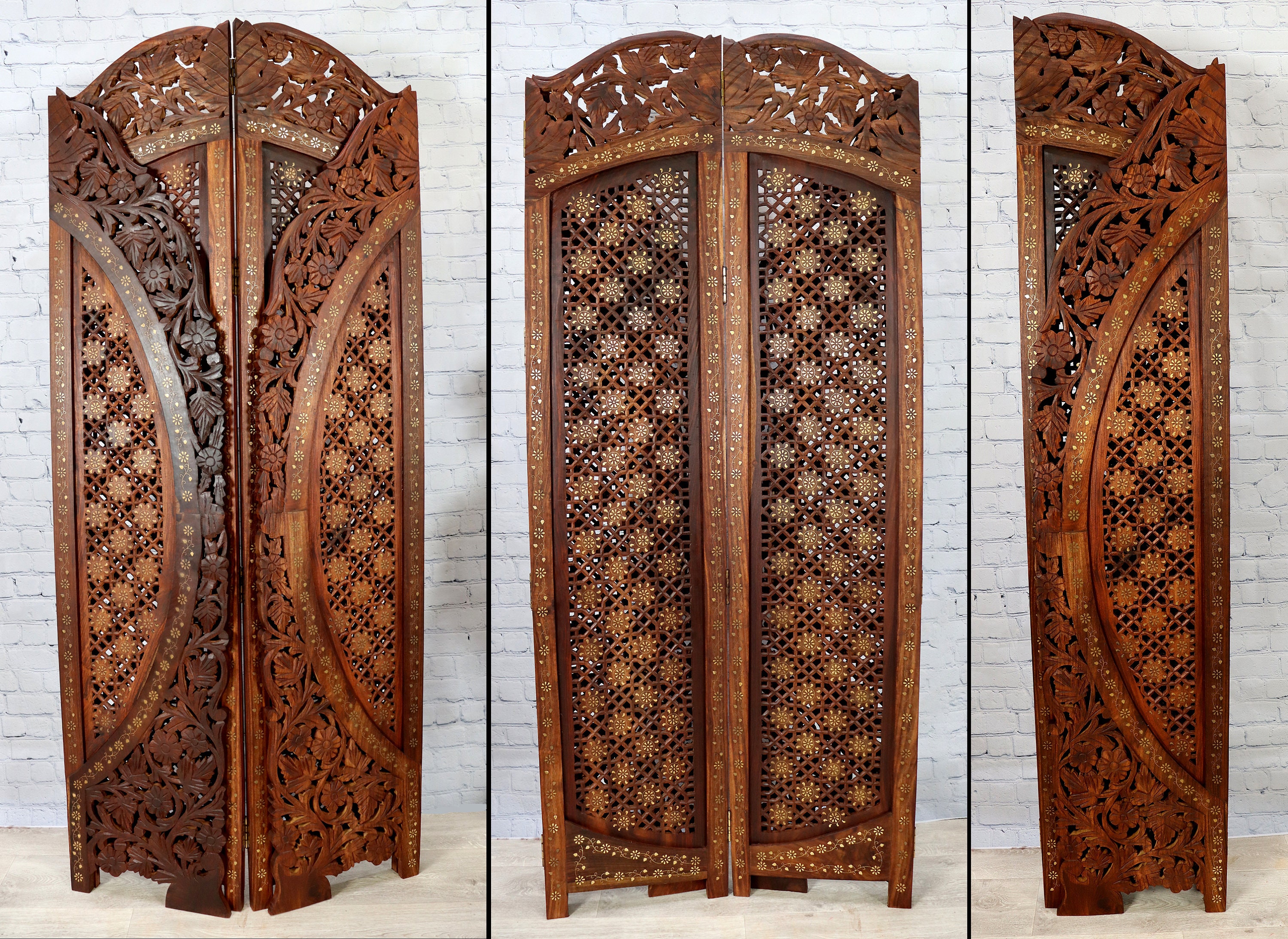 Exclusive Orient Vintage Wooden Partition Double-sided Teak Wood Brass ...
