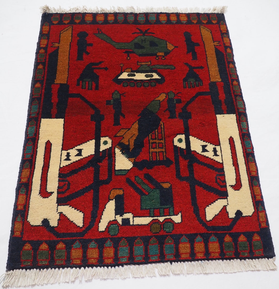 76 x 59 cm Afghan War Carpet Hand Knotted Carpet Afghanistan Tank ...
