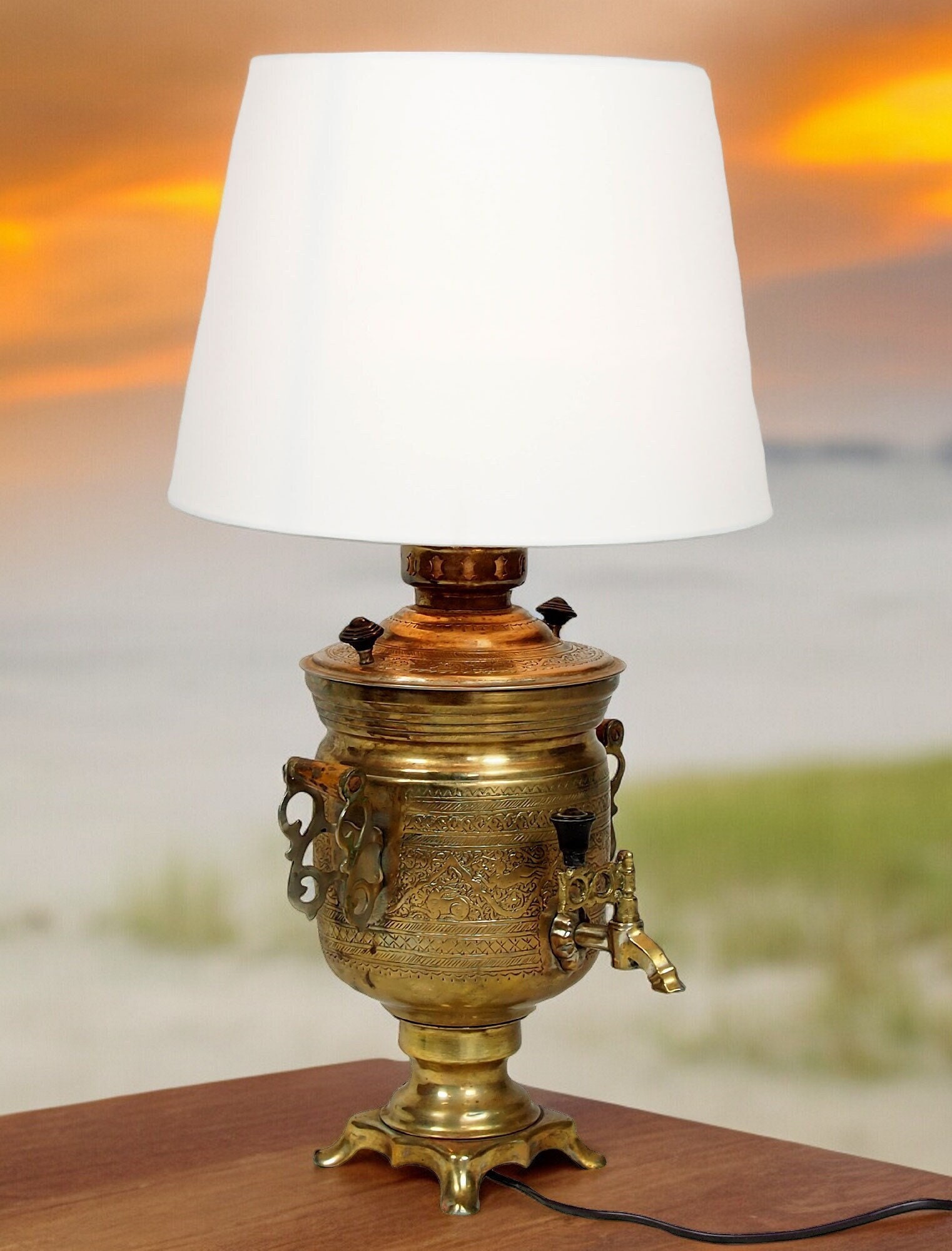 Antique Engraved Islamic Samovar Table Lamp Vintage Solid Brass Lamp ...