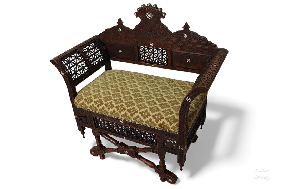 Antique Hand Made Orient Islamic Vintage Carved Walnut Bench Chair ...