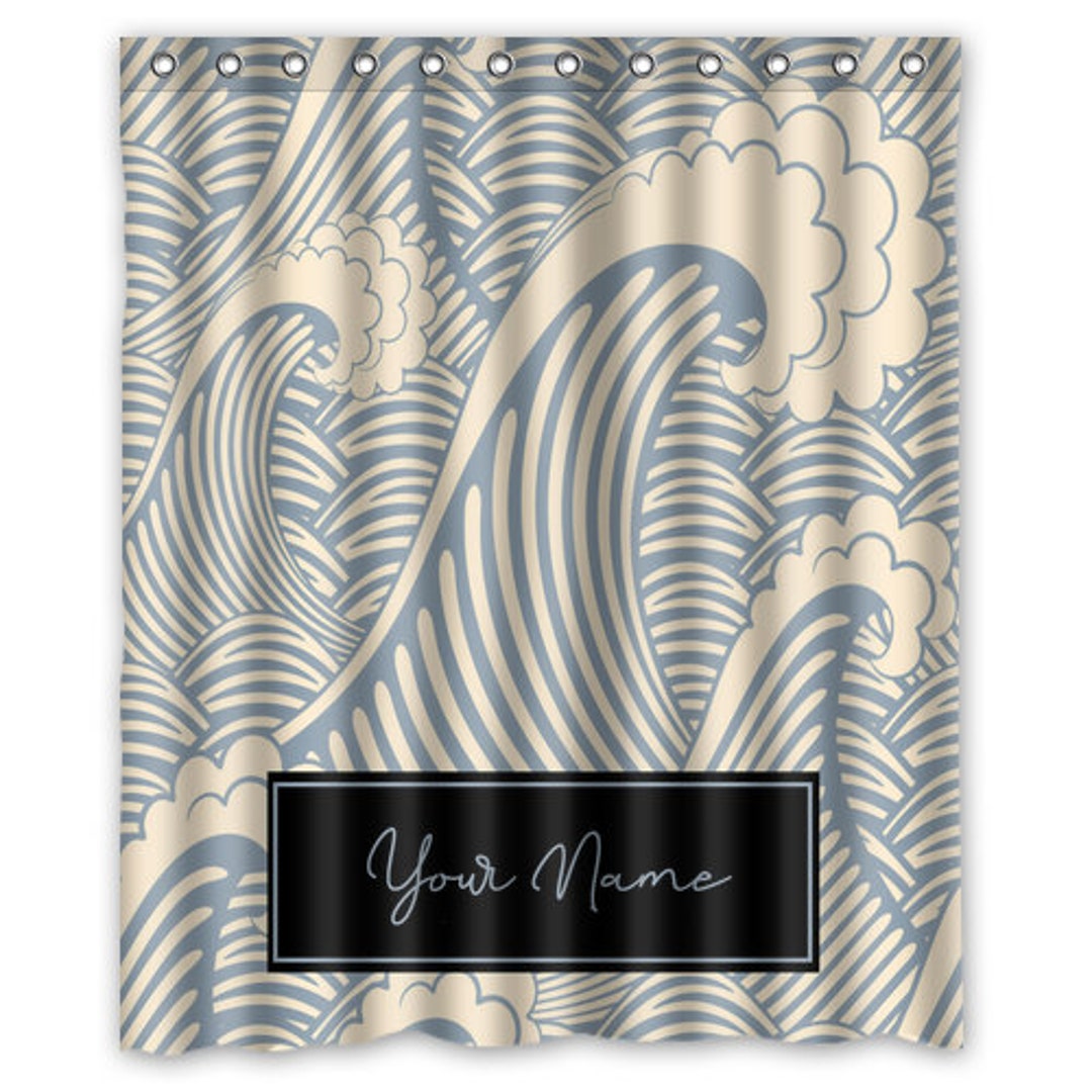 Personalized Nautical Waves Shower Curtains Set With Hooks, Waterproof ...