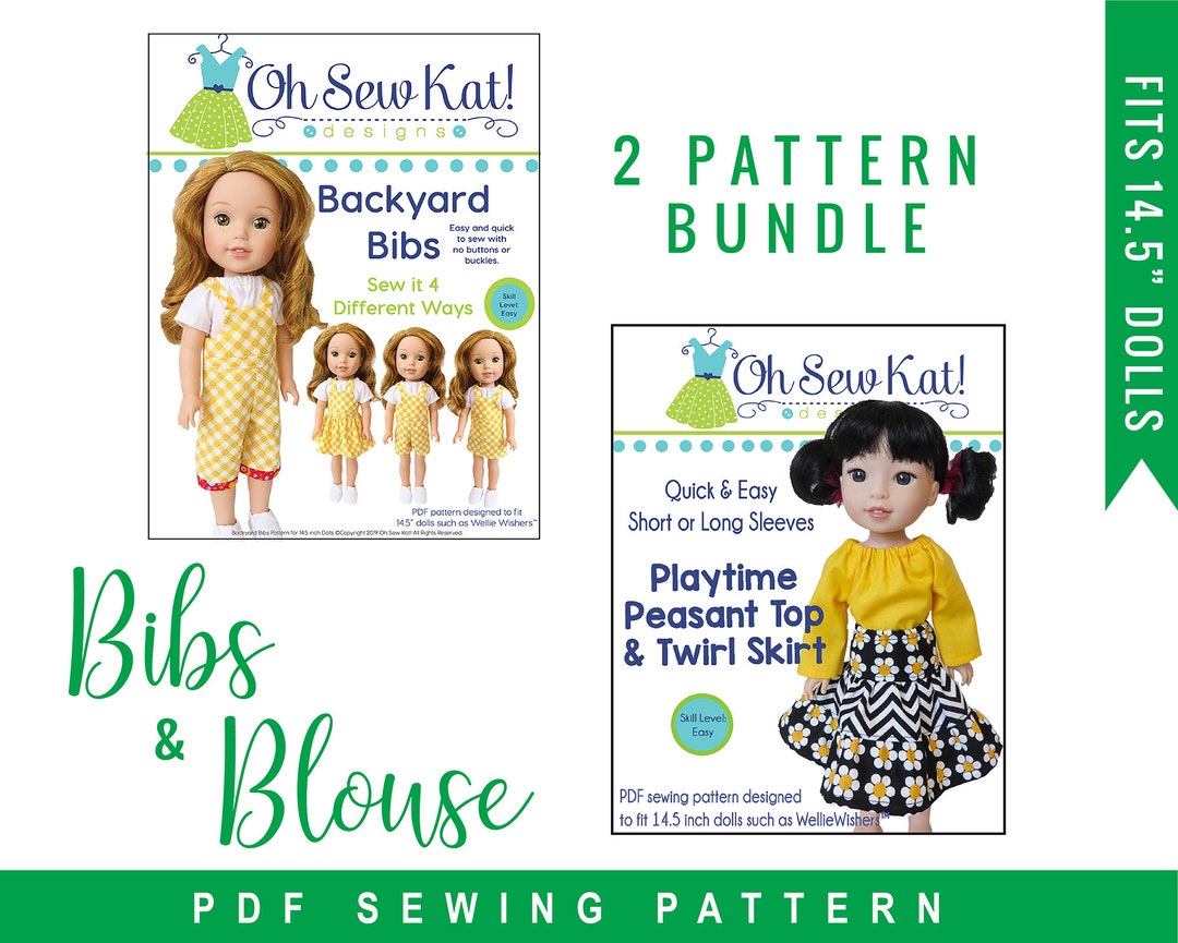 14 Inch Doll Clothes Sewing Pattern - Overalls and Peasant Top Bundle ...