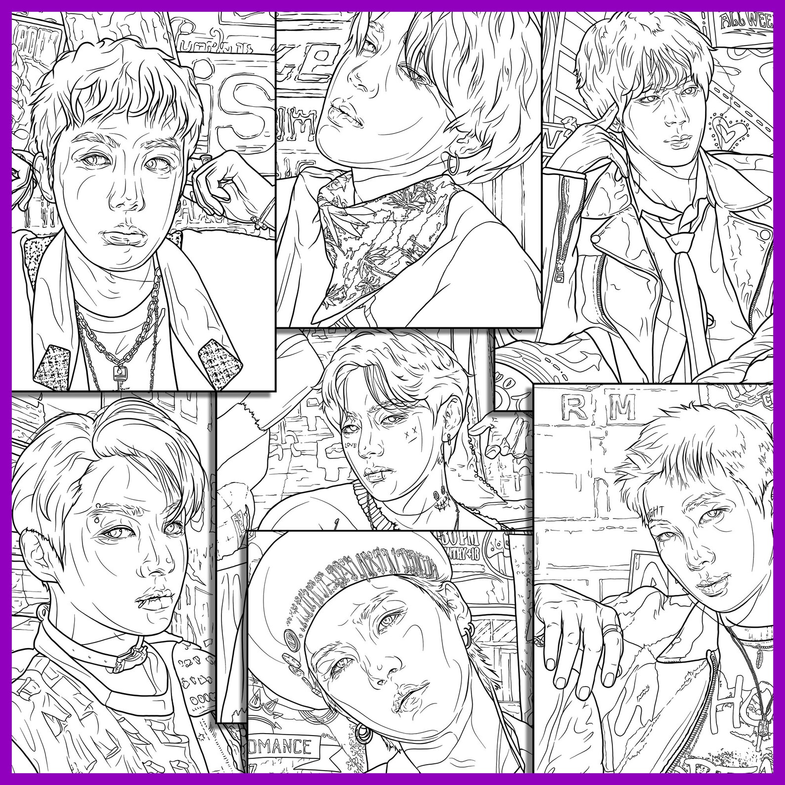 BTS Coloring Book _7 Printable Coloring Pages_hand Drawing_all Members ...