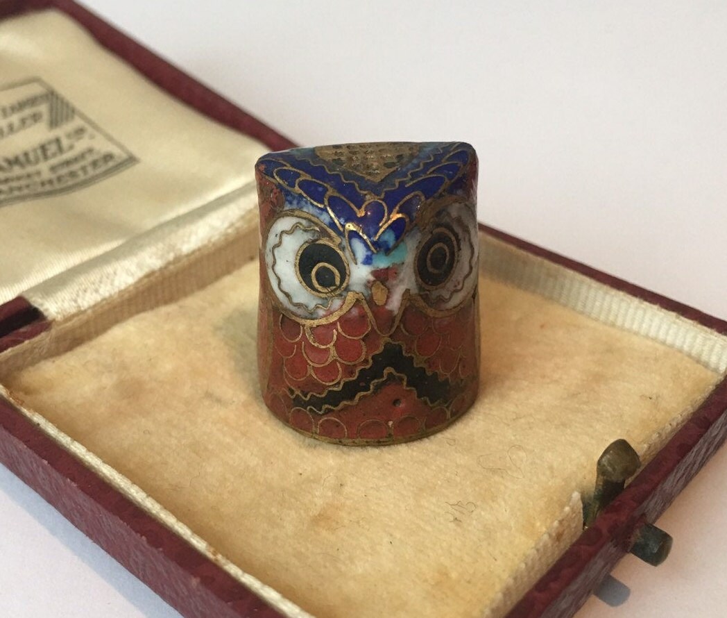 Vintage Owl Thimble, Vintage bird thimble, cloisonne bird thimble, bird ...