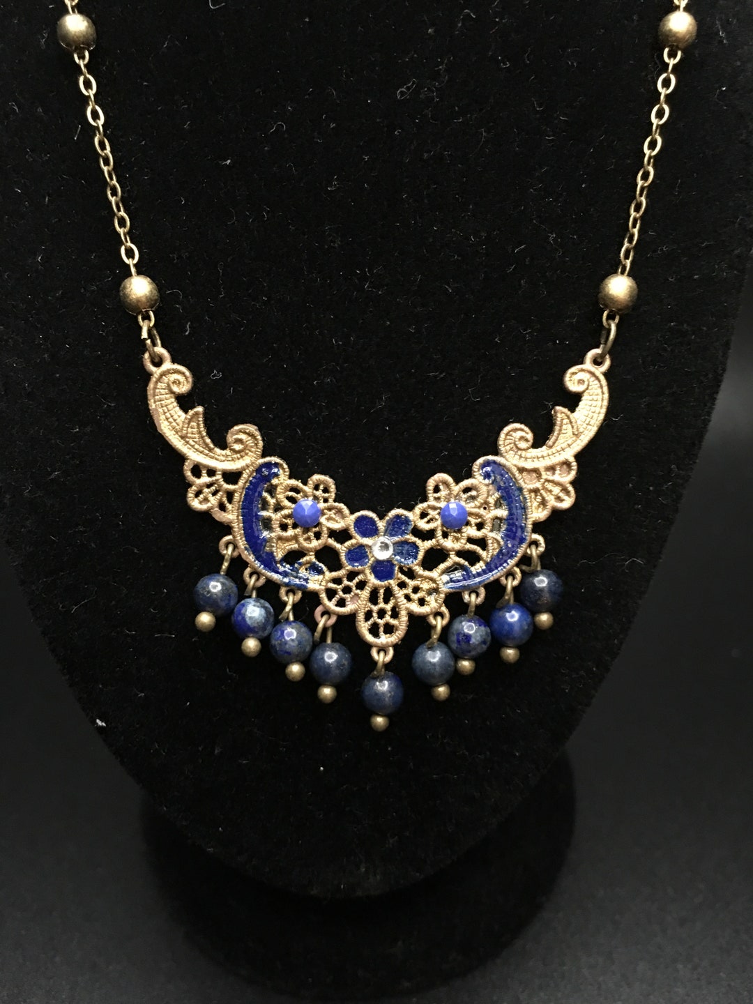 Vintage Czech Gold Necklace, Ornate Blue Statement Jewellery - Etsy