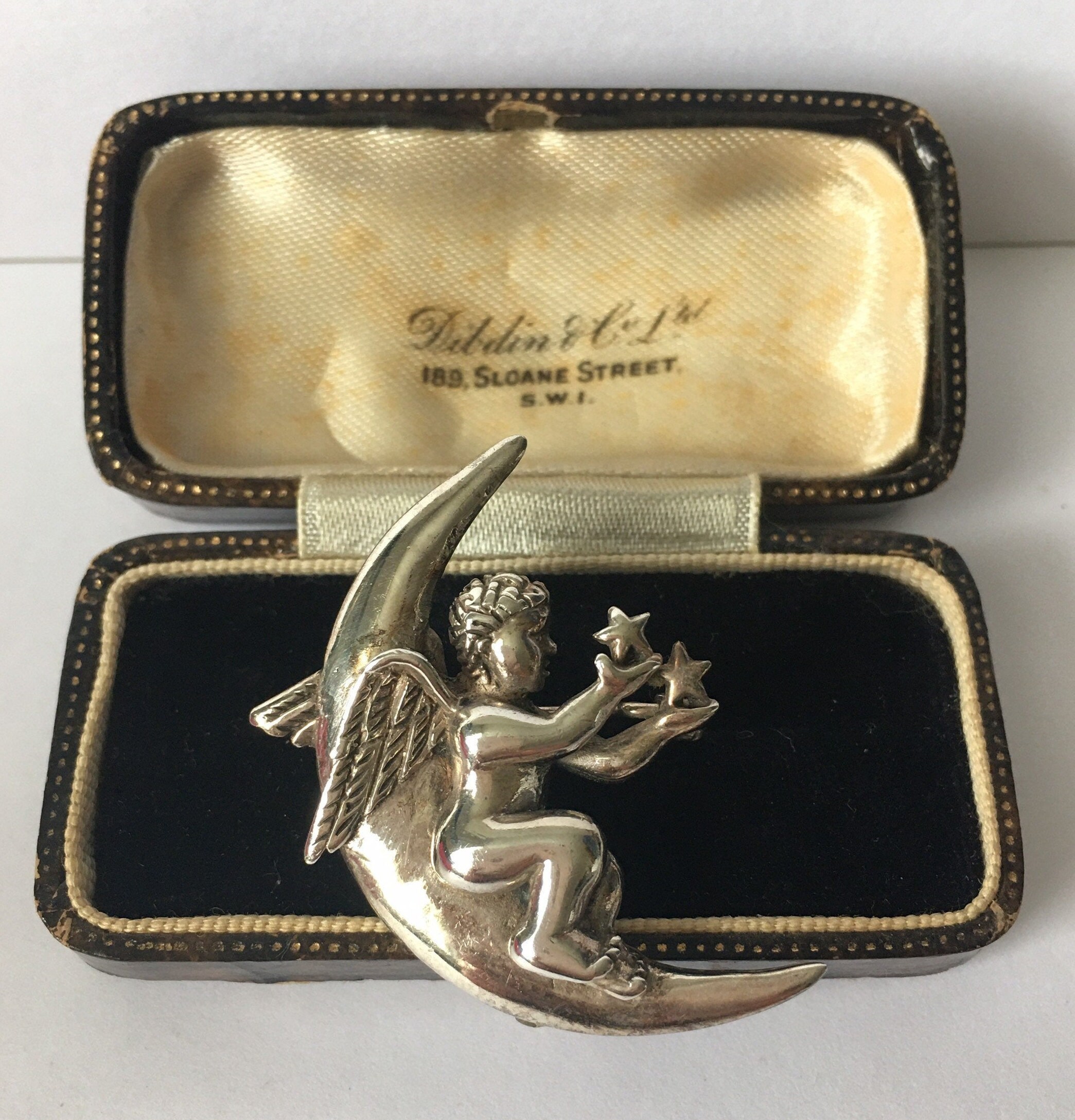 Vintage Angel Pendant, Silver Moon Brooch, Angel Jewellery, Cupid, Moon ...