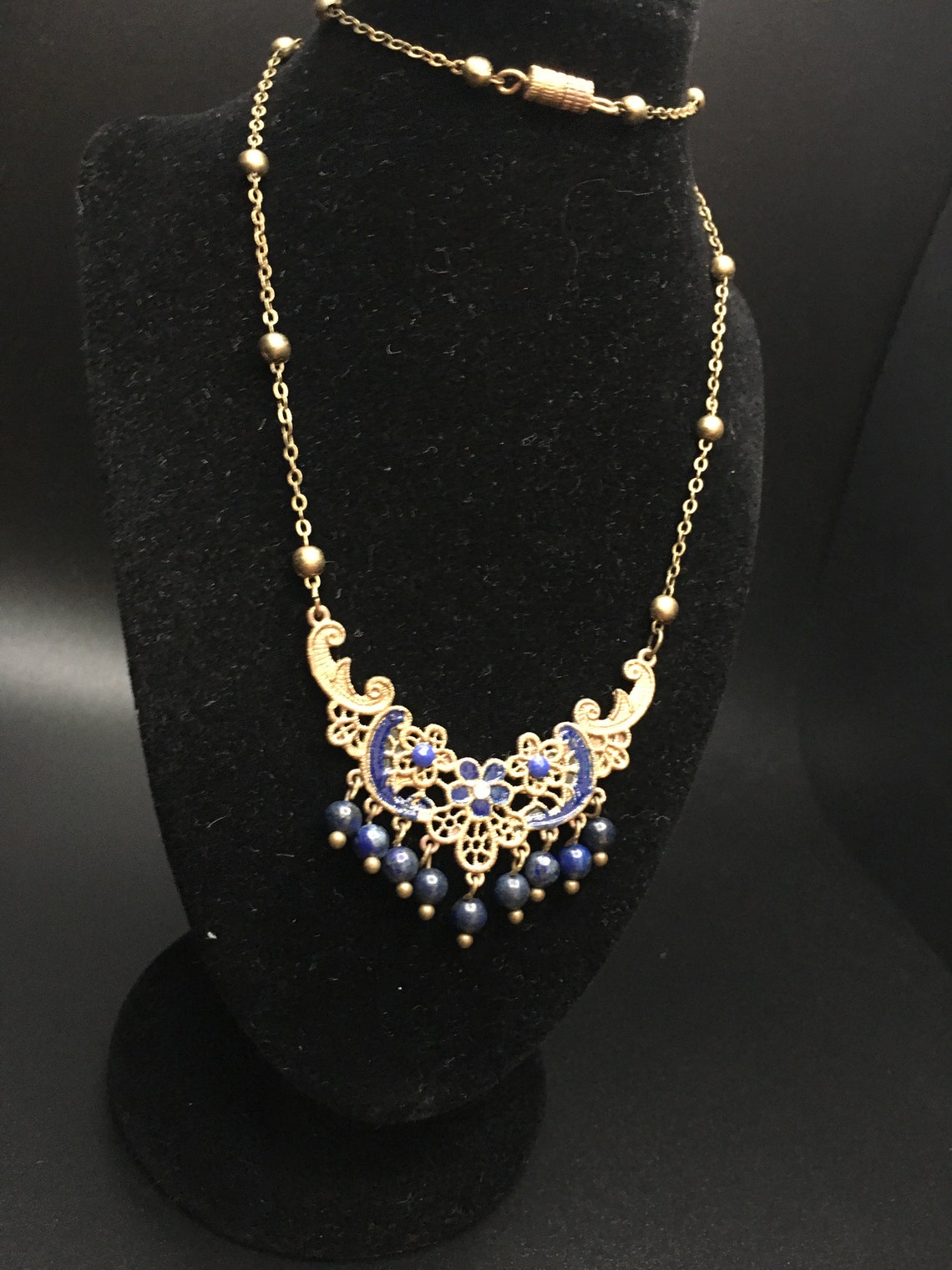 Vintage Czech Gold Necklace, Ornate Blue Statement Jewellery - Etsy