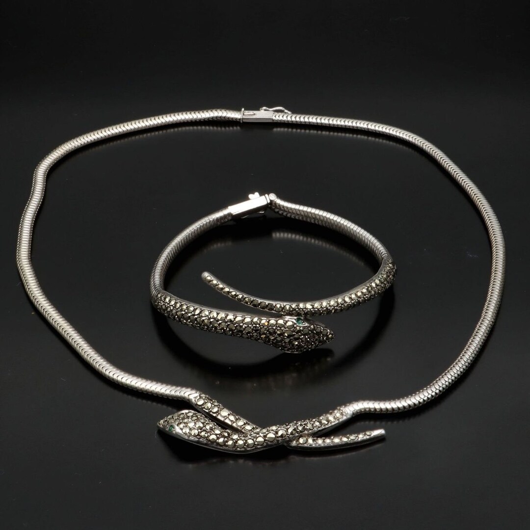 Vintage Snake Necklace Set, Sterling Marcasite Snake Necklace, Snake ...