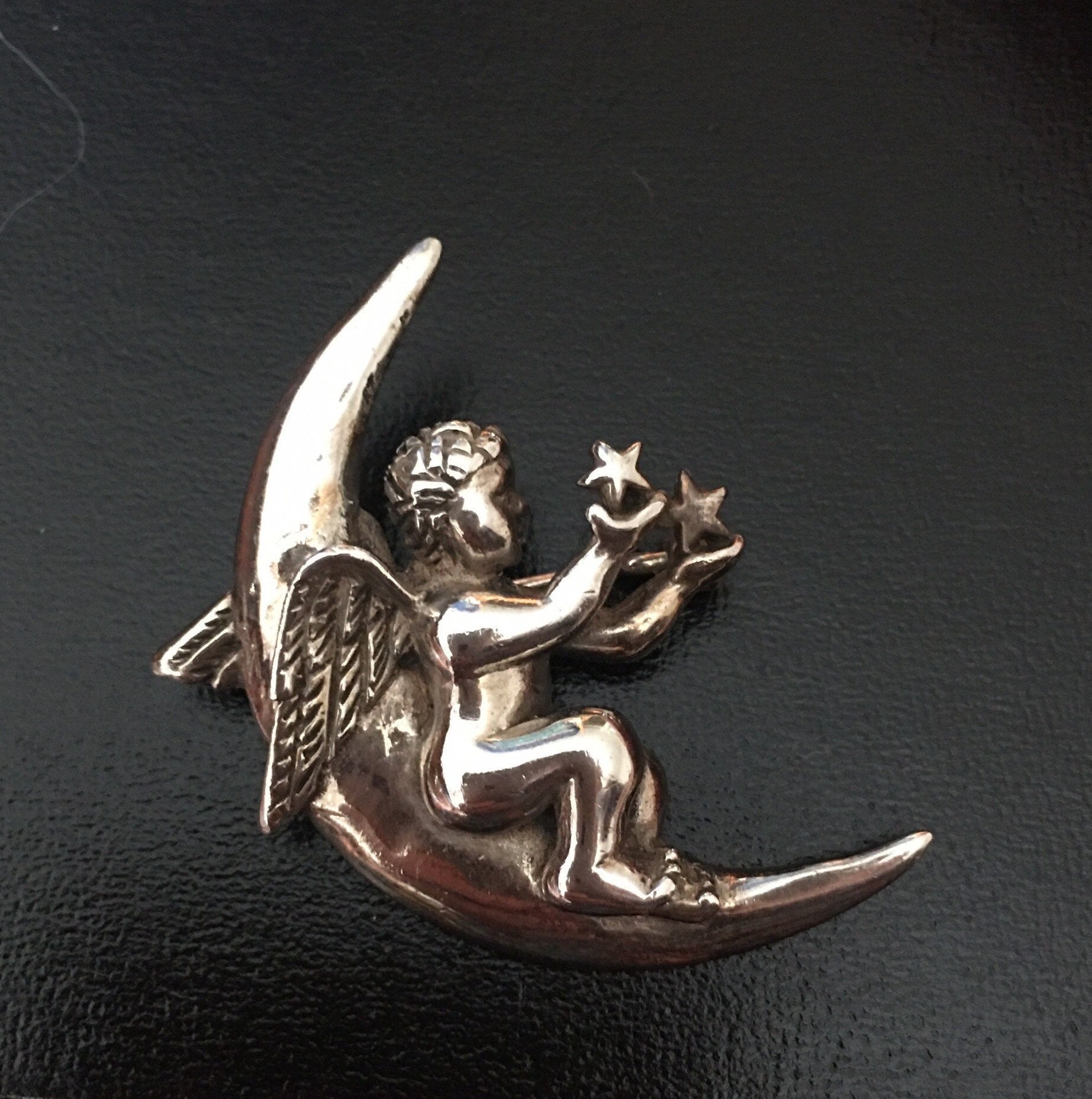 Vintage Angel Pendant, Silver Moon Brooch, Angel Jewellery, Cupid, Moon ...