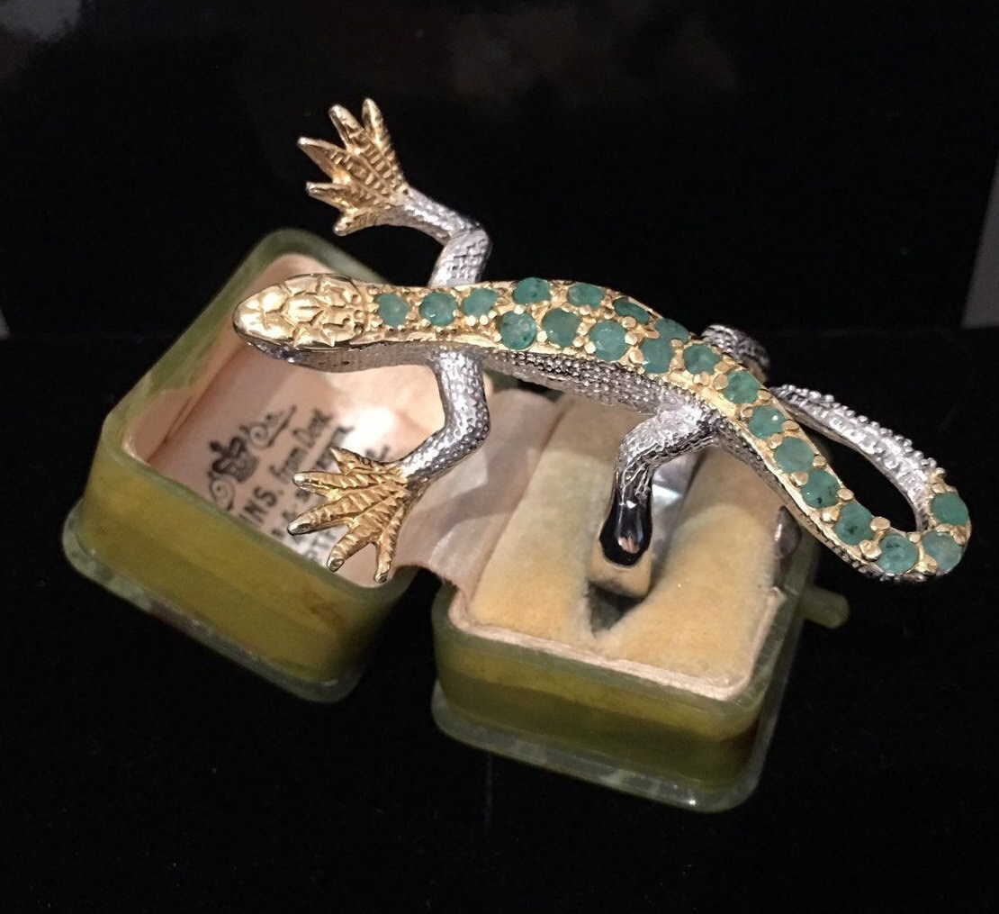 Vintage Lizard Ring, Gecko, Salamander Ring, Silver Lizard Ring, Emerald Ring, Sterling Silver ...