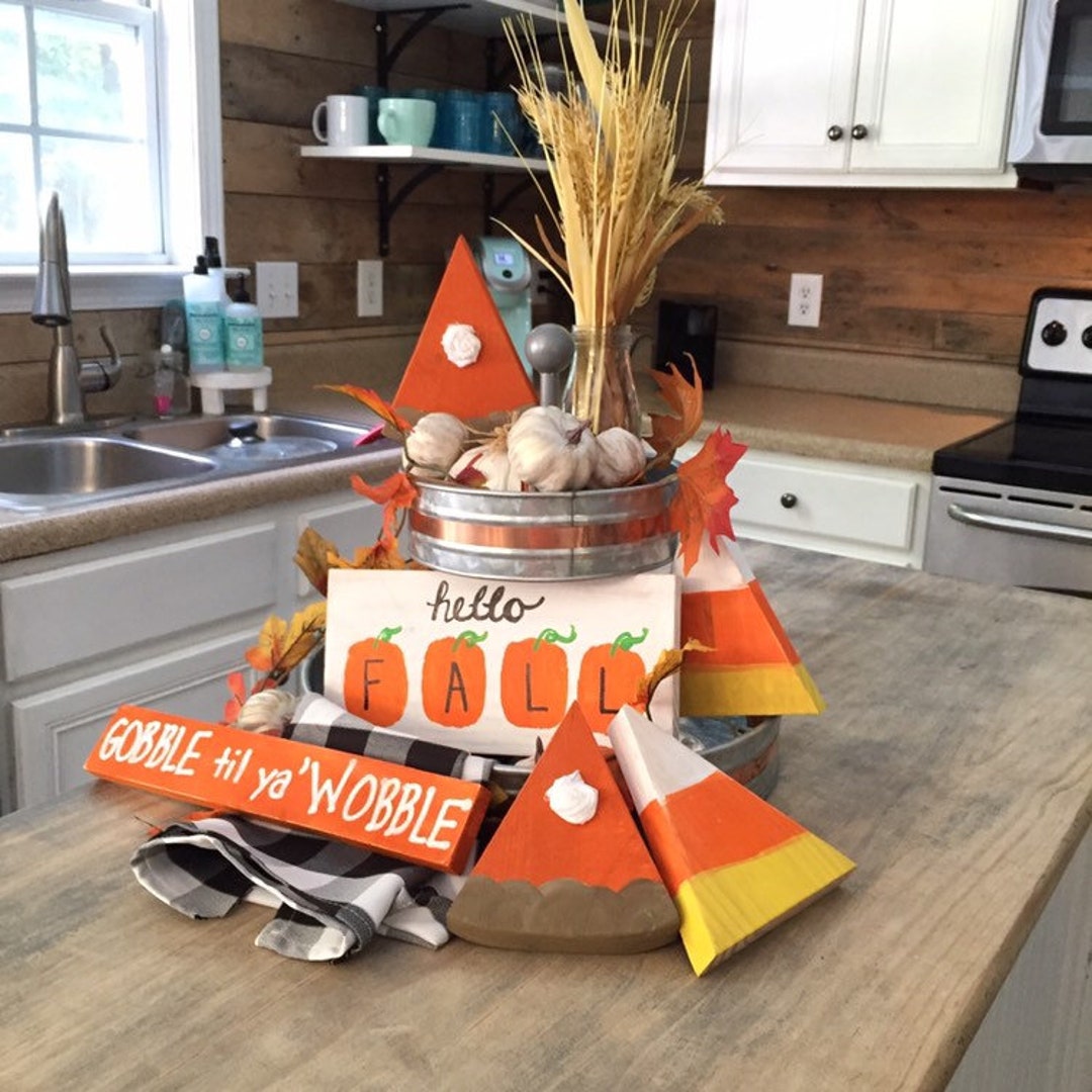 Fall Tiered Tray Bundle | Hello Fall Pumpkin Sign & 2 Wooden Candy Corn ...