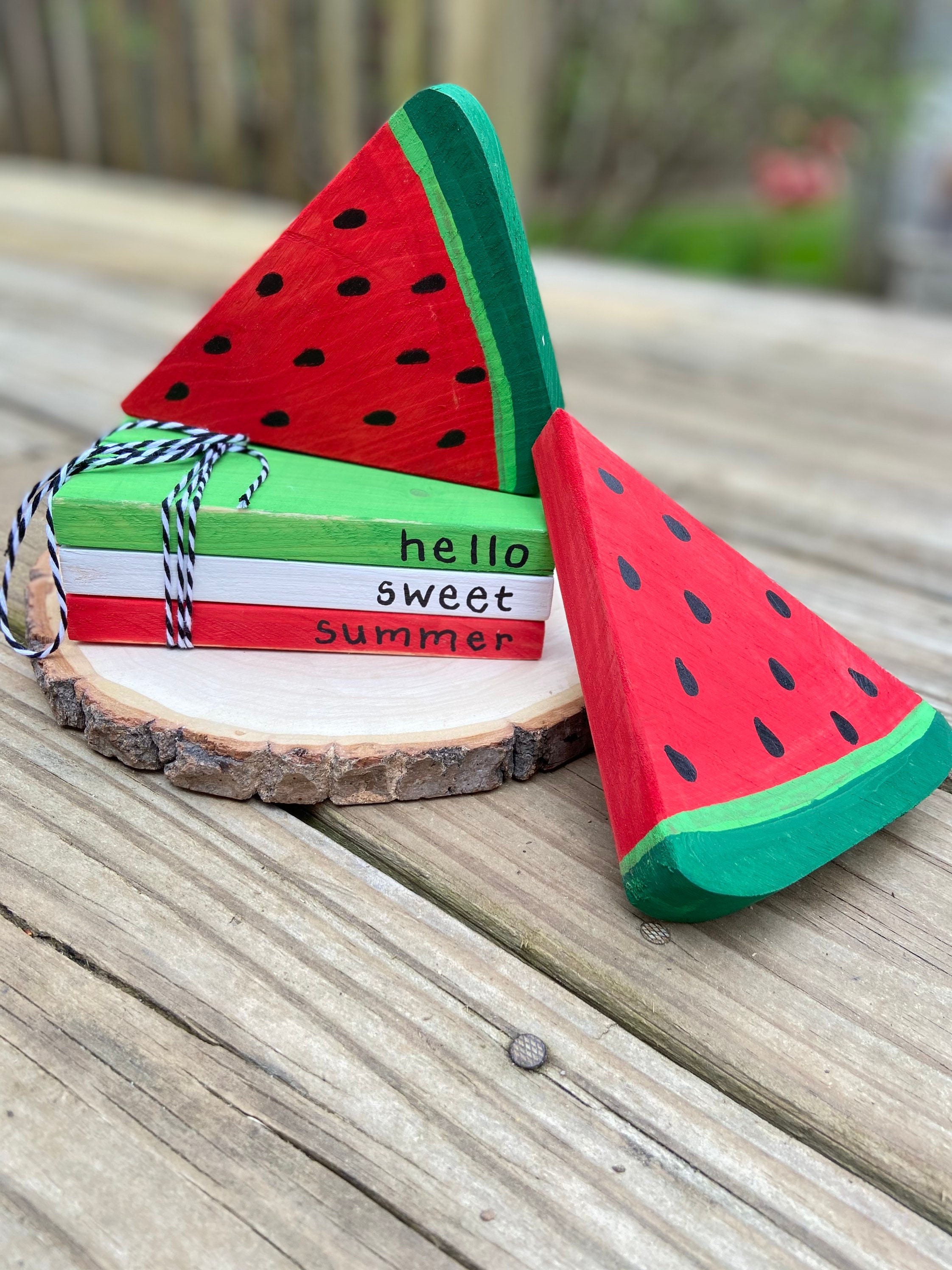 Summer Wooden Book Stack Watermelon Book Stack Hello Sweet | Etsy