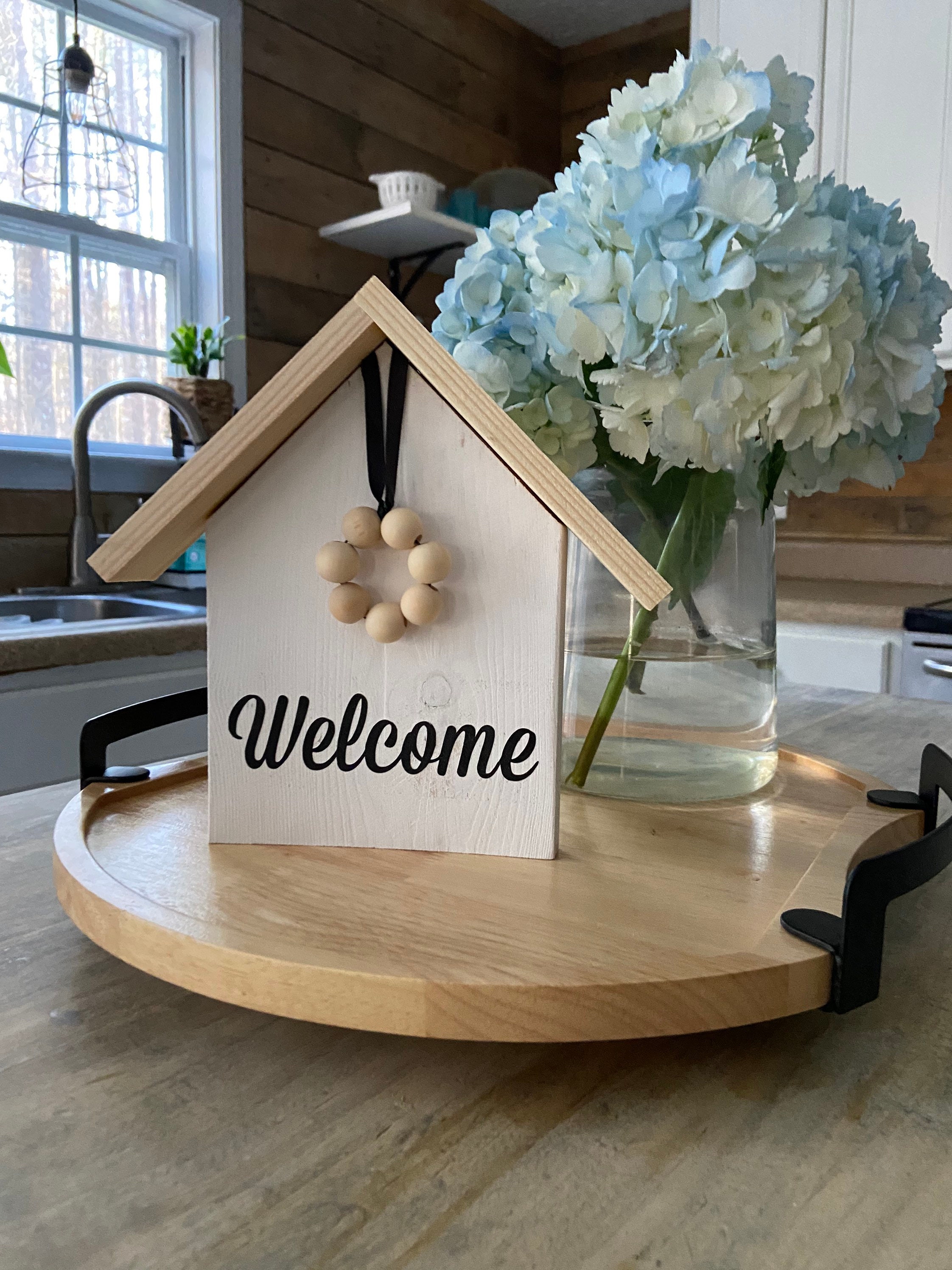 Wooden Farmhouse Decor: Welcome Home Sign With Wood Bead Wreath - Etsy