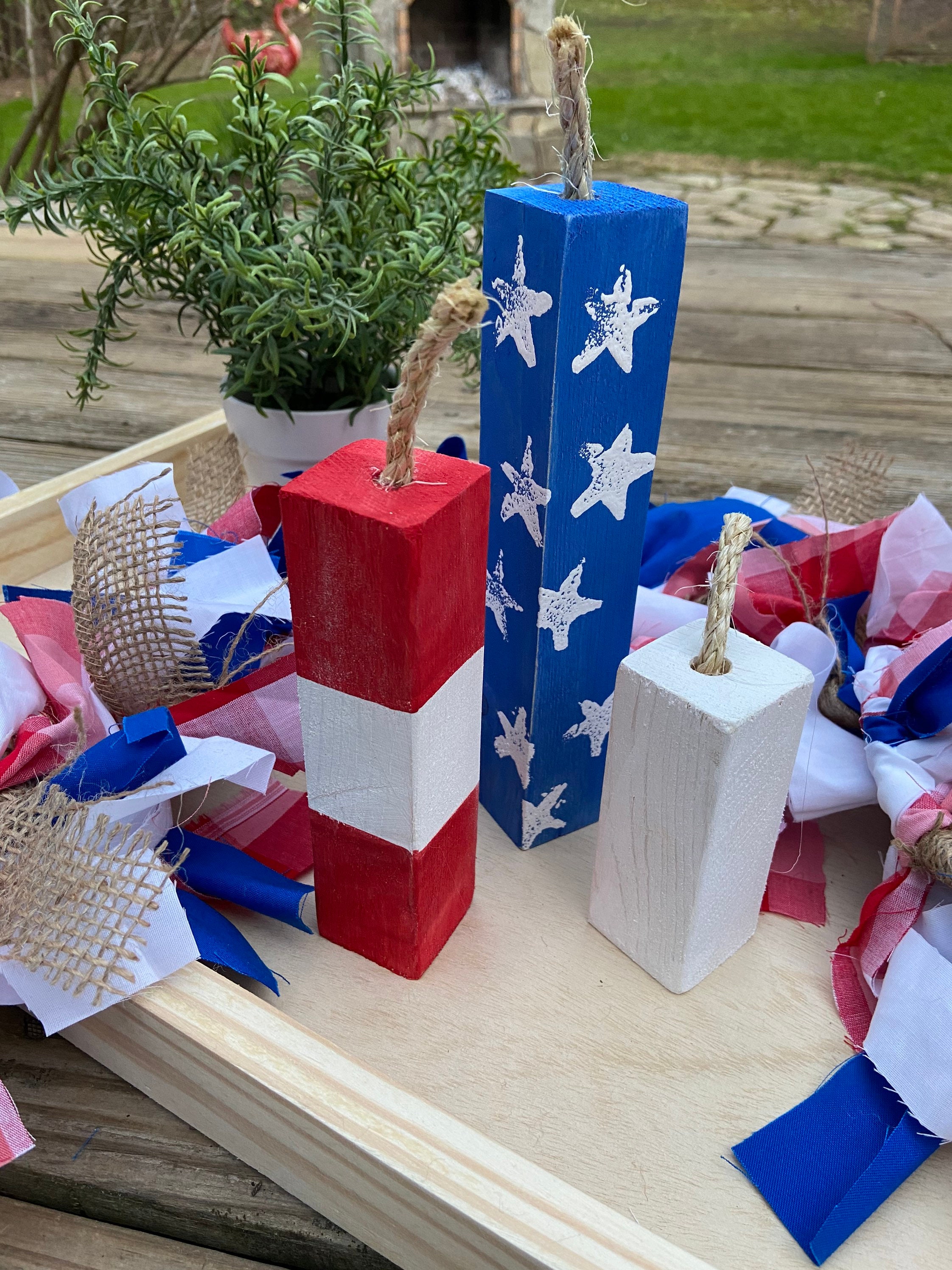 Patriotic Bundle 3 Wooden Firecrackers Fireworks & Rag Garland | Etsy