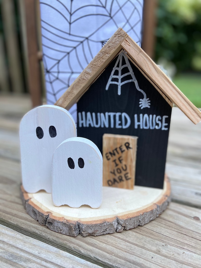 Handpainted Wooden Haunted House With Ghosts: Halloween Tiered Tray ...