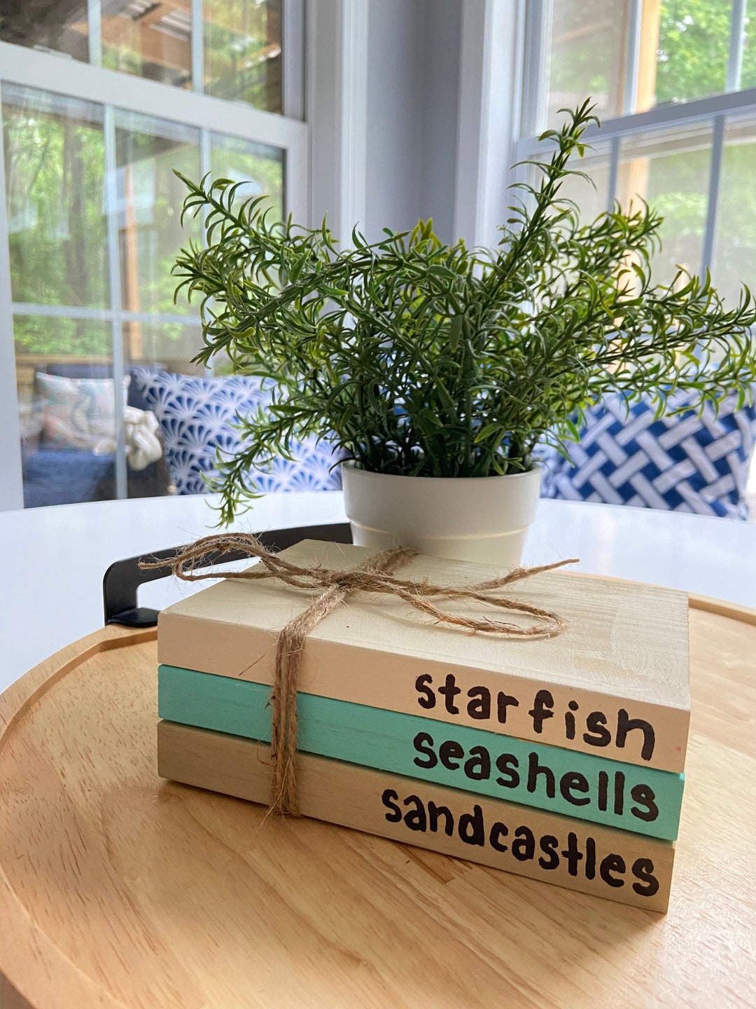 Wooden Beach Book Stack | Faux Stacked Books | Starfish Seashells ...