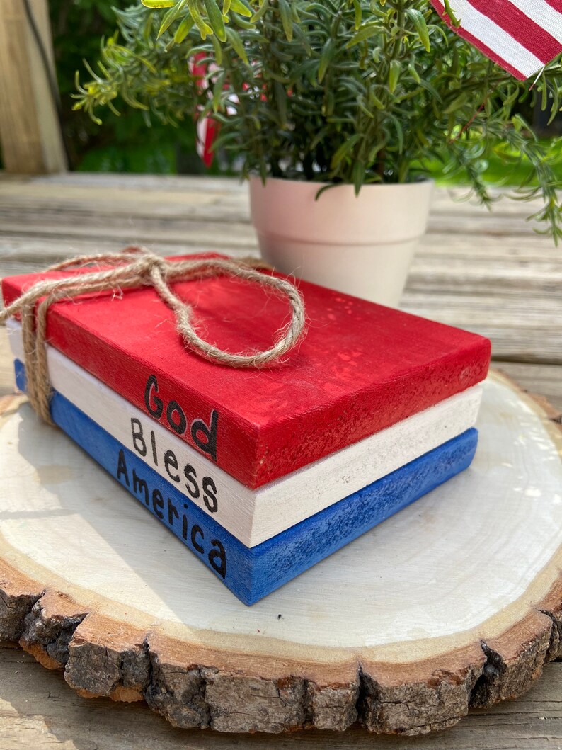 Wood Faux Book Stack Stacked Books God Bless America Tiered | Etsy