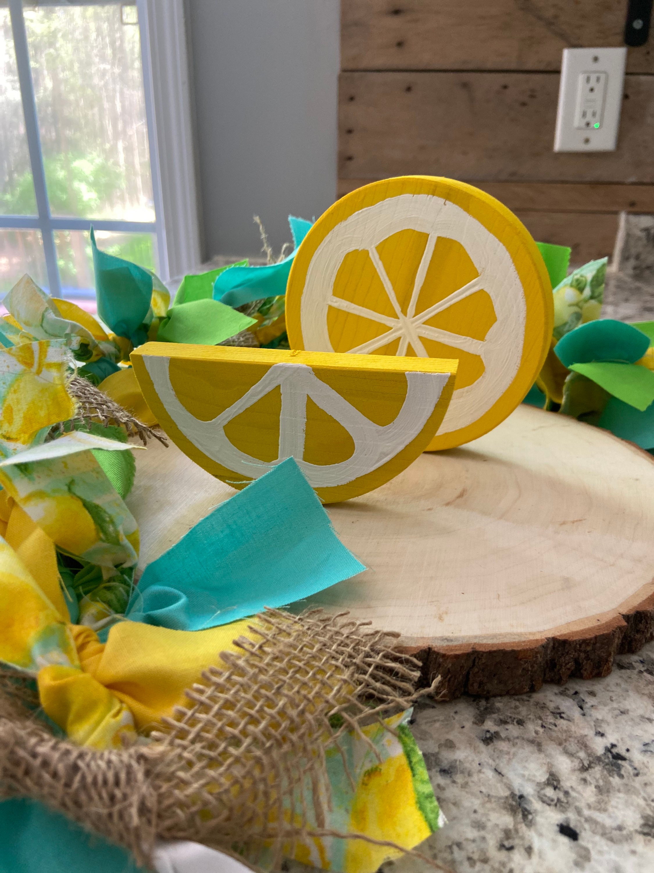 Lemon Decor Bundle: Rag Garland and Hand-painted Wooden Slices - Etsy