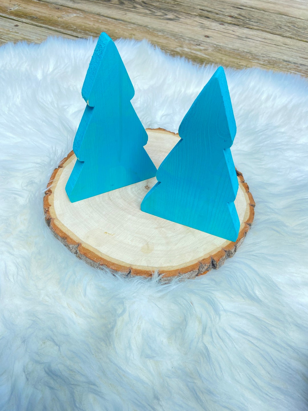 Set of 2 Wooden Aqua Christmas Trees Tree Handpainted Tiered Tray Decor ...