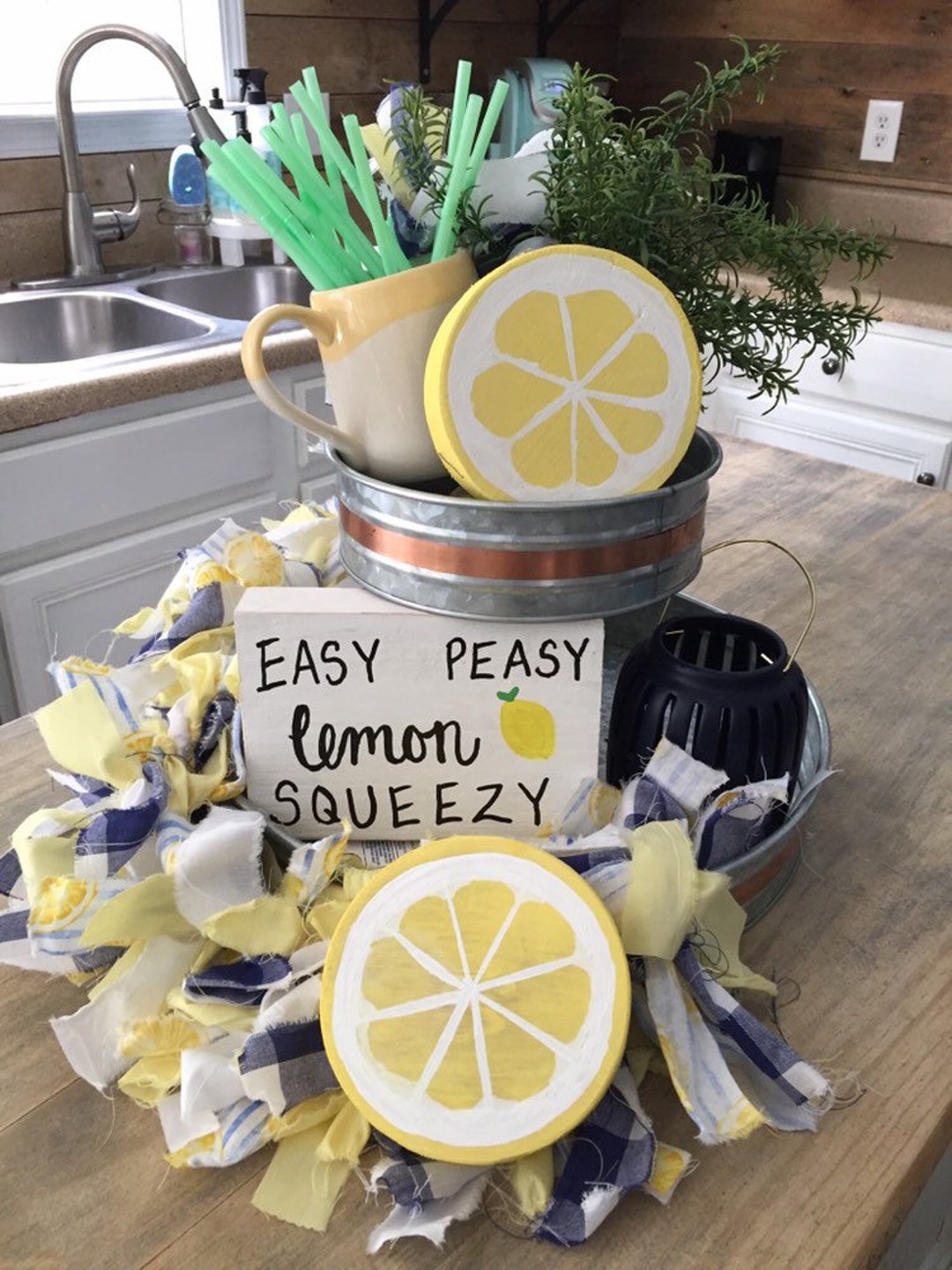 Lemons Tiered Tray Bundle Easy Peasy Lemon Sign and 2 Wooden Lemons ...