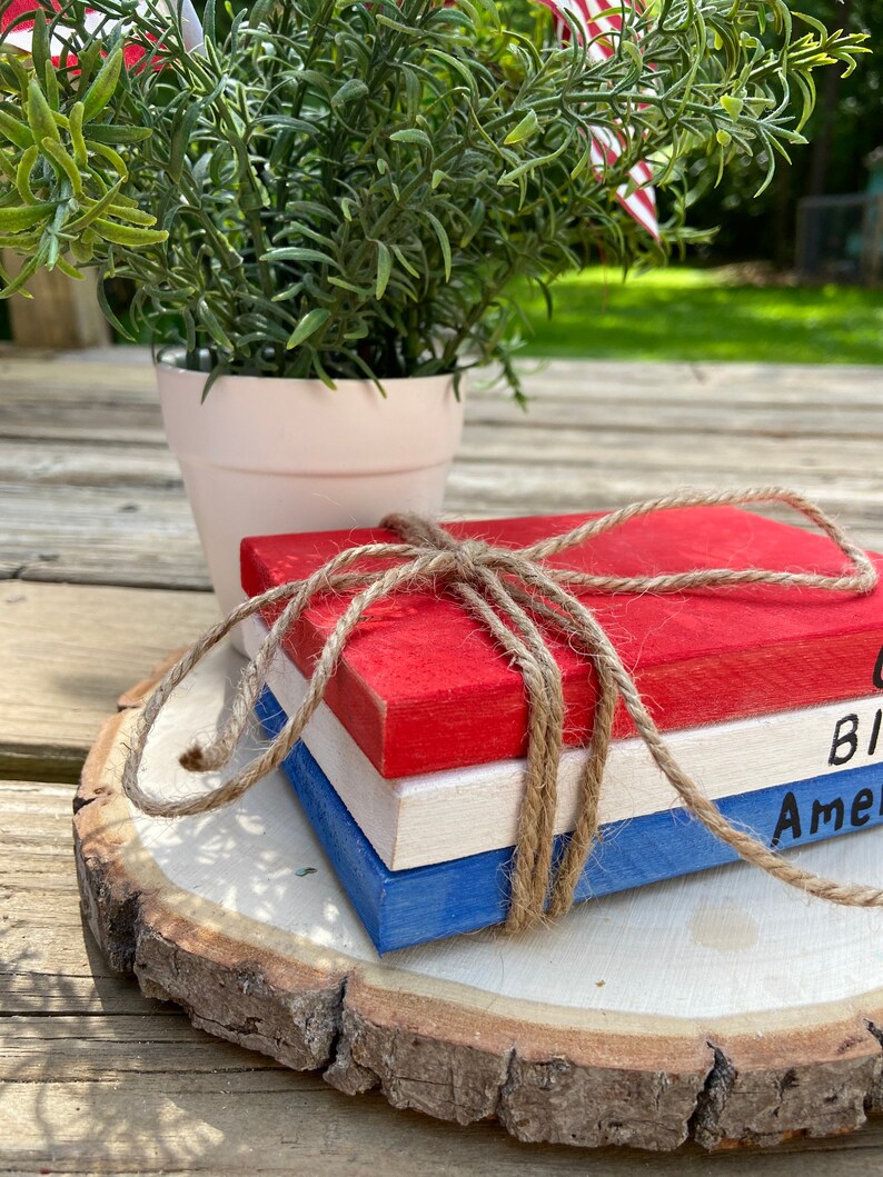 Wood Faux Book Stack Stacked Books God Bless America Tiered | Etsy