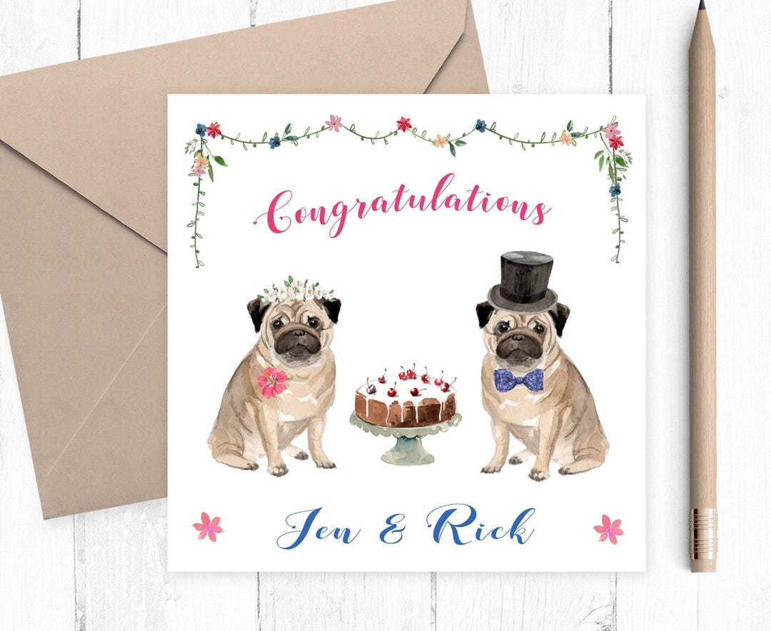 Pug Wedding Card for Bride and Groom, Mr and Mrs Wedding Card Dog, Dog ...