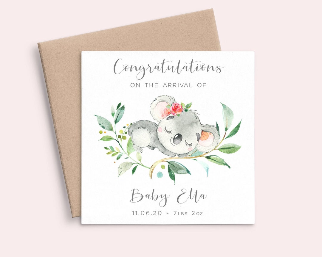 Personalisierte neue Baby Karte Koala, Aquarell neue geboren Baby ...