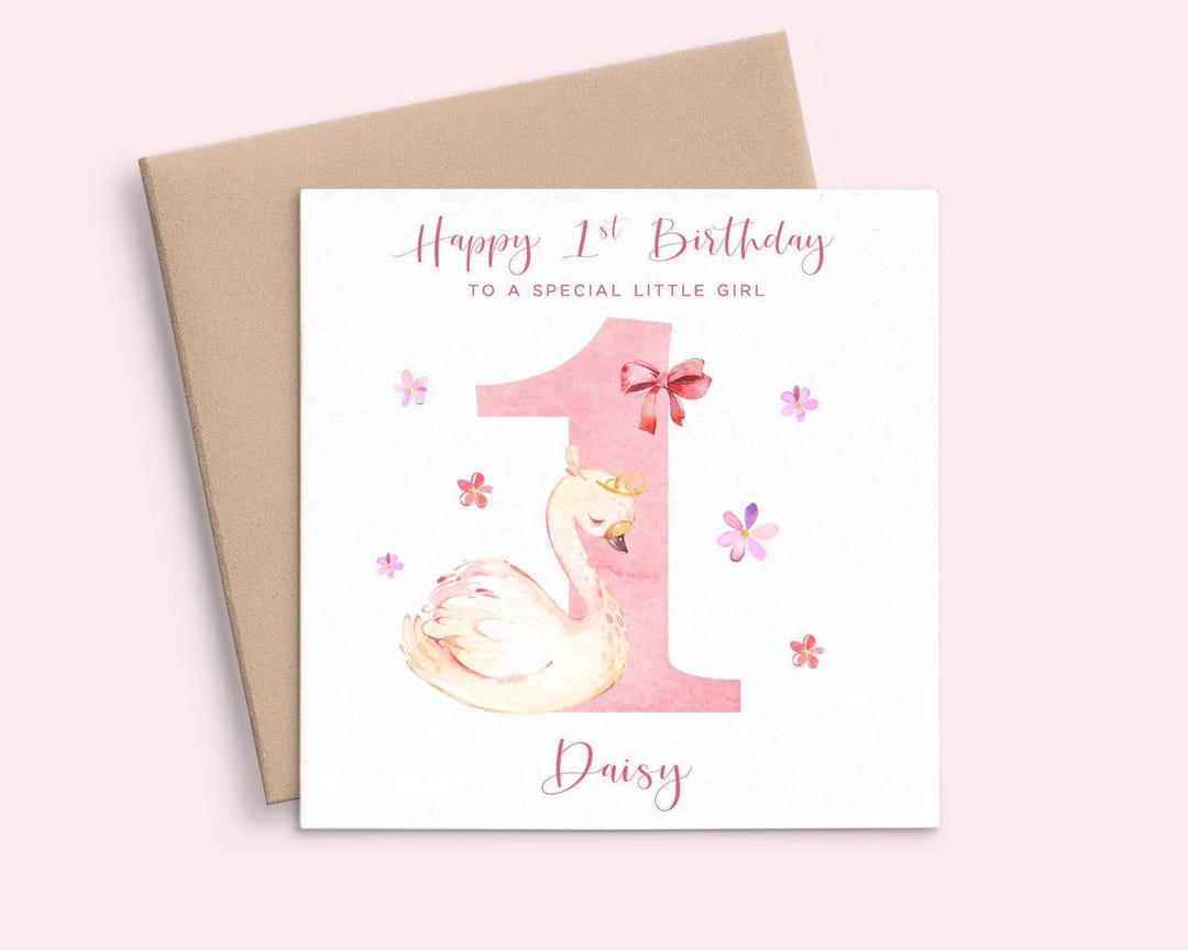 Swan First Birthday Card Personalised, Girl 1st Birthday Card Swan ...