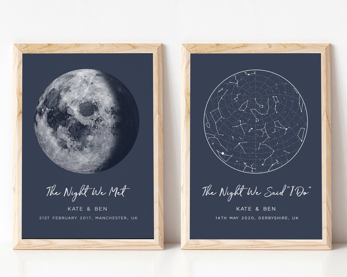 Star Map and Moon Phase Print Set Custom Star Map by Date | Etsy
