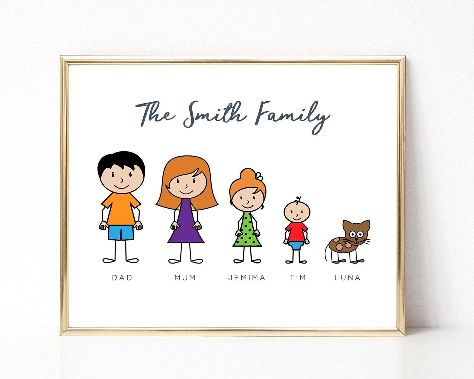 Stick Family Print With Pets, Stick Man Print Custom, Cartoon Family ...