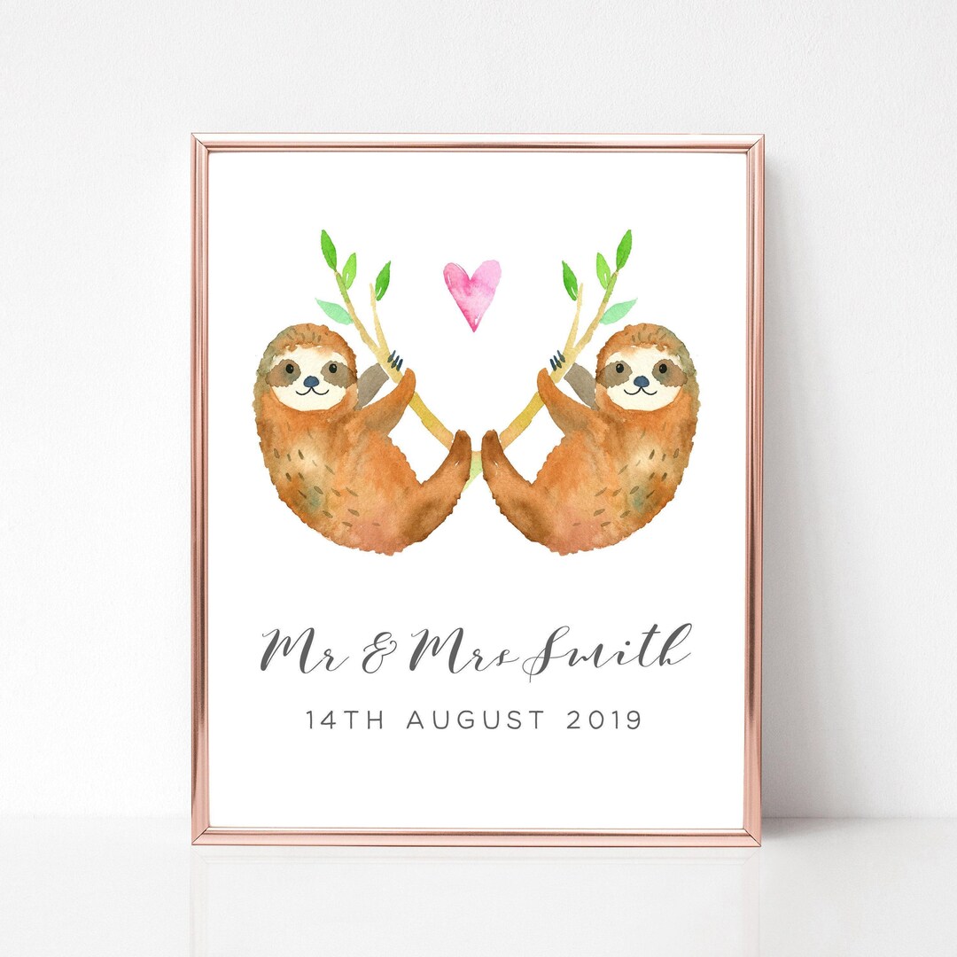 Sloth Couple Print, Personalized Wedding Gifts for Couple Wall Art ...
